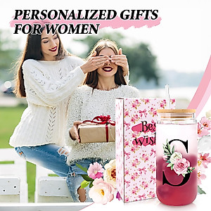WINOWIMO Initial Glass Cups with Lids and Straws, Personalized Gifts for Women, Iced Coffee Cup Glass Tumbler, Birthday Bridesmaid Proposal Inspirational Customized Christmas Gifts for Women Girls (L)