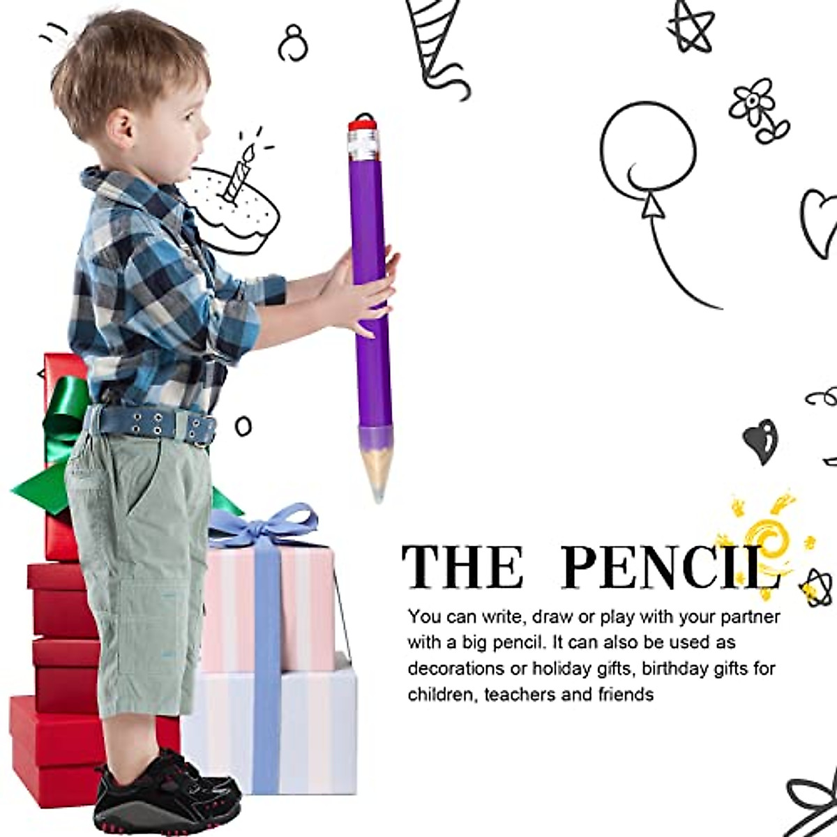 Bercoor 5 Pieces 13.1 Inch Wooden Jumbo Pencils for Props Gifts Decor, Fuuny Big Novelty Pencil with Eraser and Cap Wood Giant Pencil for Schools and Home Kids Writing