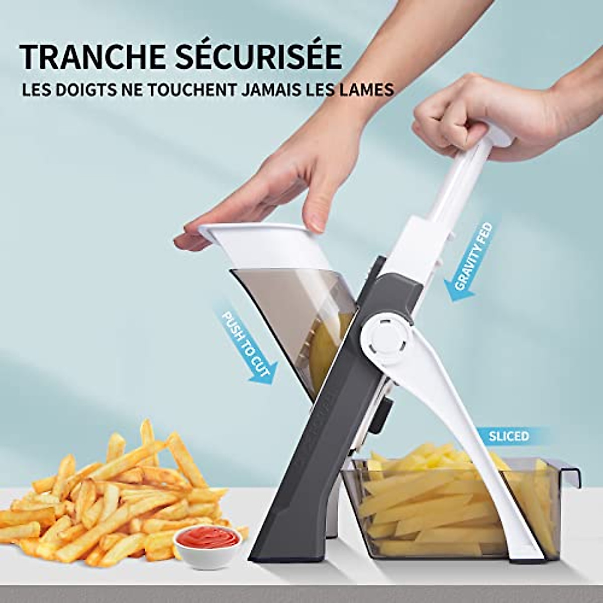 Safe Mandoline Slicer for Kitchen, 5 In-1 Vegetable Chopper, Easy Potato Slicer French Fry Cutter, Julienne + Dicer, Veggie Food Chopper, Kitchen Chopping Artifact (Gray)