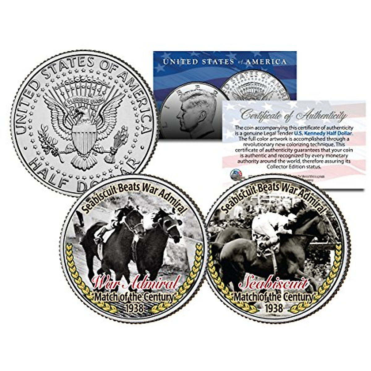 SEABISCUIT BEATS WAR ADMIRAL Match Race JFK Half Dollar 2-Coin Set Horse Racing