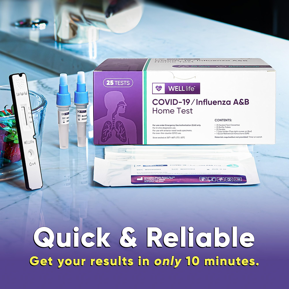 WELLlife COVID-19/Influenza A&B Home Test, Self Test for Flu A/B and COVID-19, Results in 10 Minutes with Non-invasive Nasal Swab, FDA EUA Authorized -[25 Tests]