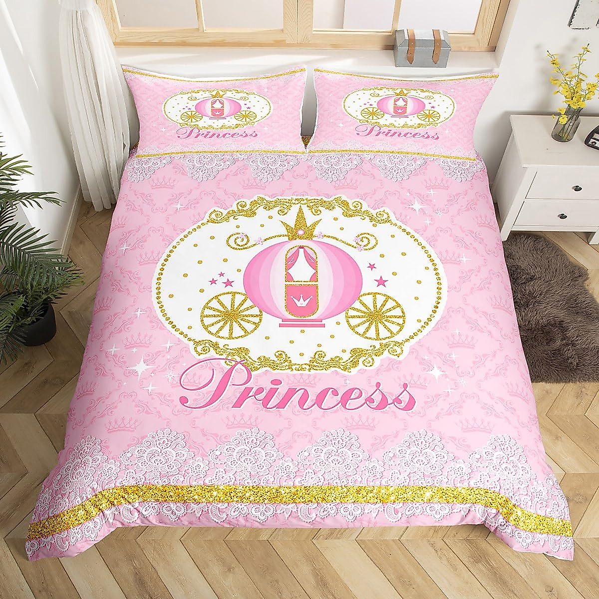 Princess Style Duvet Cover,Children Pink Luxury Bedding Set,Carriage Comforter Cover for Girls Kids Room Decor,Women Cute Cartoon Lightweight Bedspread Cover Queen Size with 2 Pillow Cases