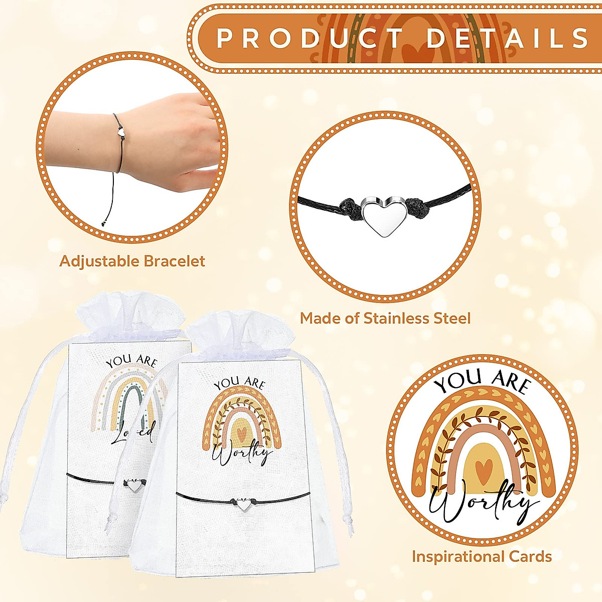 Fumete 20 Sets Inspirational Encouragement Gifts Bulk Employee Appreciation Gift for Women Heart String Bracelets with Cards Bags for Female Coworker Friend(Black)