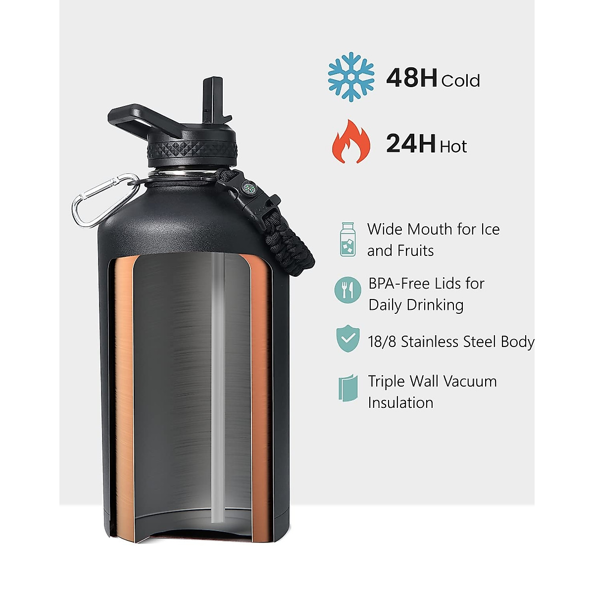 Coolplus Gallon Water Bottle Insulated with Paracord Handle & 3 Lids, 128 oz Insulated Water Jug Large Metal Stainless Steel Leakproof Falsk Cold 48H Hot 24H for Outdoor