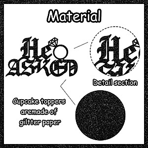 24Pcs Gothic Engagement Cupcake Toppers He Asked She Said Yes Cupcake Toppers Black Glitter Heart Ring Bachelorette Cake Decorations for Halloween Wedding Engagement Bridal Shower Party Supplies