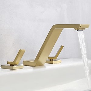 POP SANITARYWARE 2-Handle Widespread Bathroom Sink Faucet for 3 Holes Solid Brass 8 Inches Waterfall Bathroom Vanity Faucets with Pop Up Drain and cUPC Supply Hoses, Brushed Gold