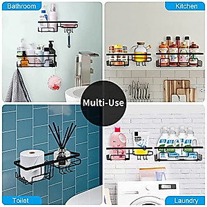 Shower Caddy 2 Pack with Soap Holder, Adhesive Shower Caddy Shelf with 11 Hooks, Wall Mounted Bathroom Shower 0rganizer Stainless Steel No Drilling Black Shower Rack Basket for Inside Shower, Kitchen