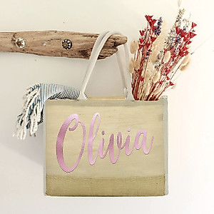 Personalized Beach Tote Bags Gifts w/Name - 17 Vinyl Colors 15x14 Inches - Custom Canvas Handbags Gift for Womens - Customized Large Natural Jute Bags for Girls - Large Burlap Summer Bags w/Gusset C1