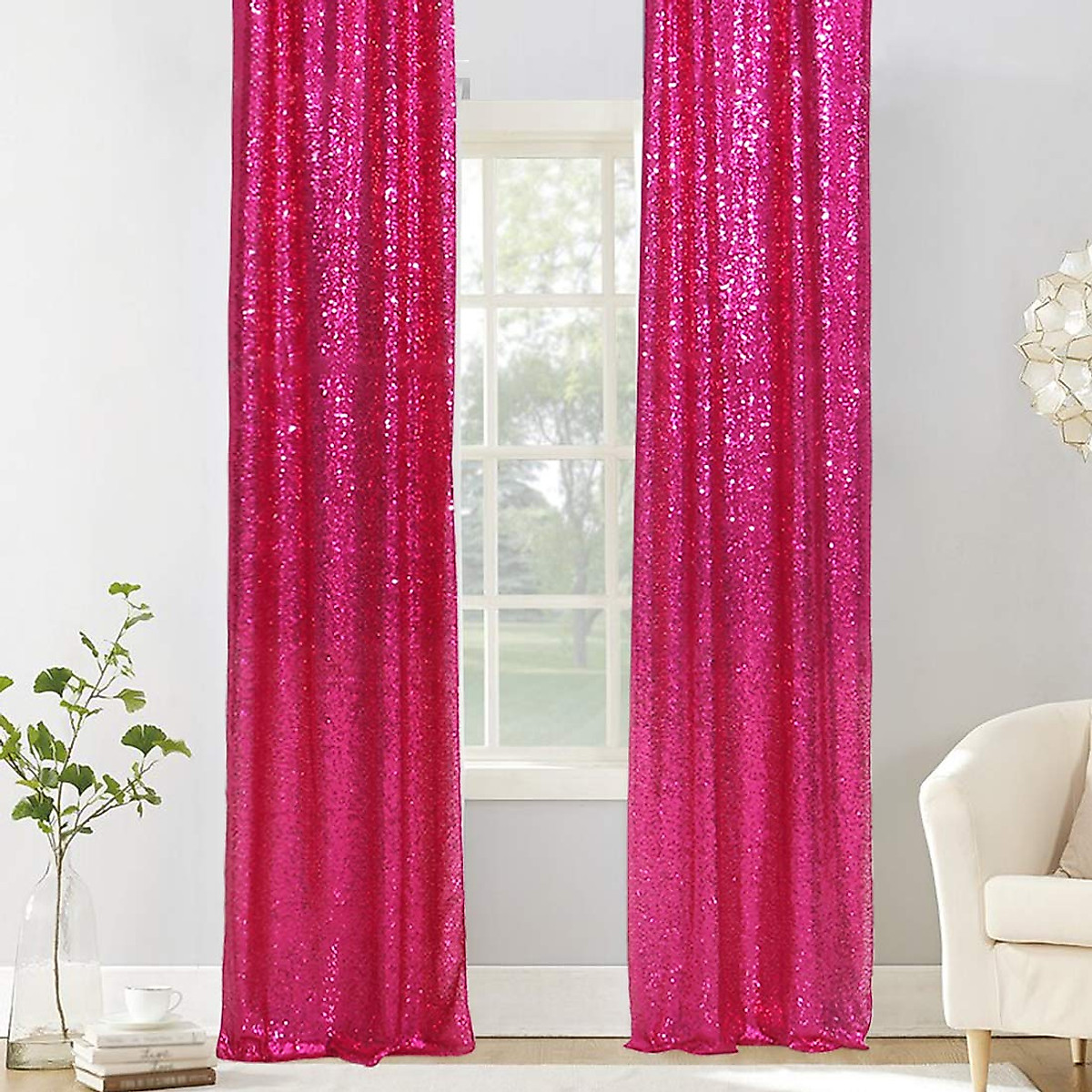 PartyDelight Hot Pink 2FT X 8FT Sparkly Sequin Backdrop Curtains, 2 Panels, for Wedding, Party, Room Decorations.