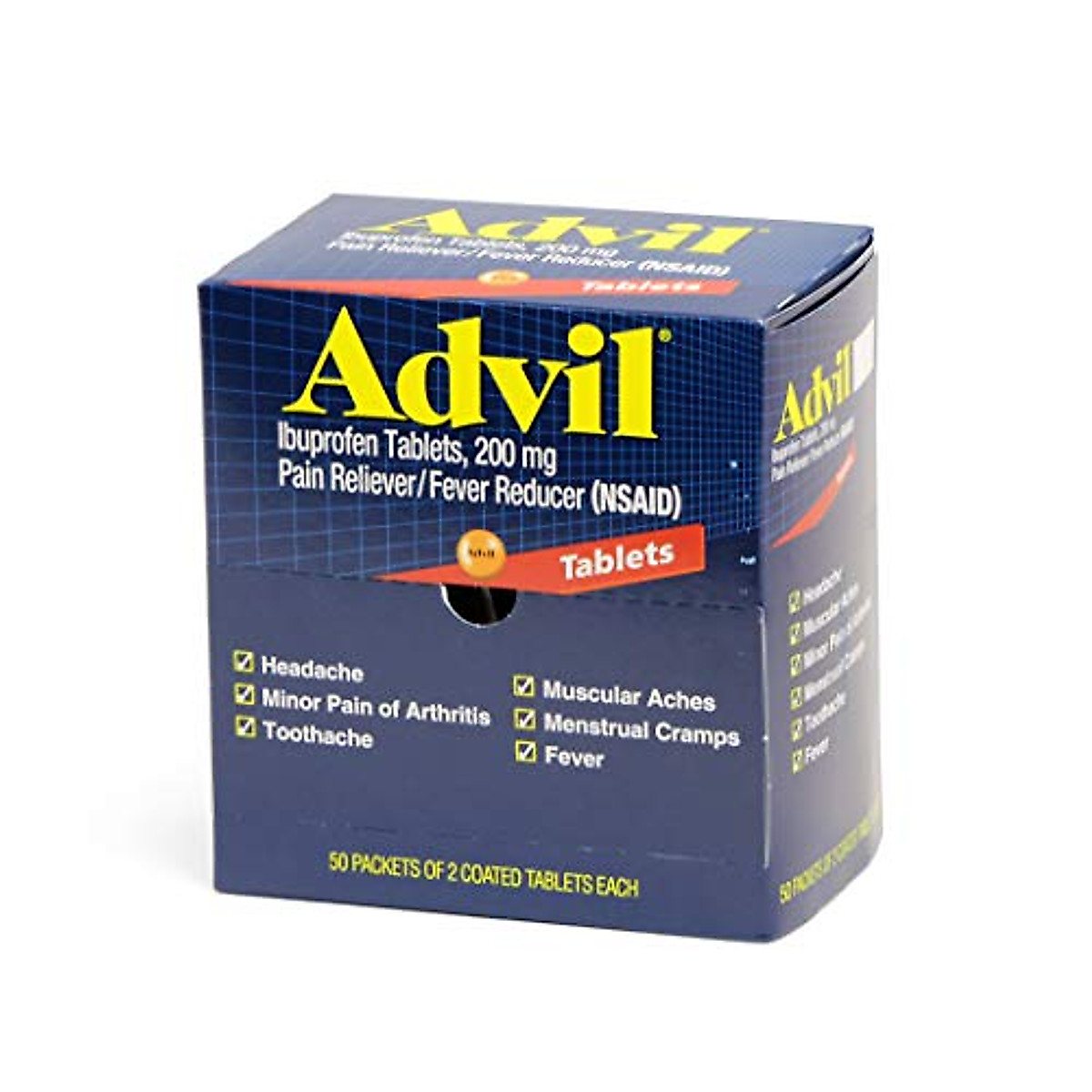 Advil 40933 Ibuprofen, 50 Packets of 2, Pain Reliever Fever Reducer Tablets