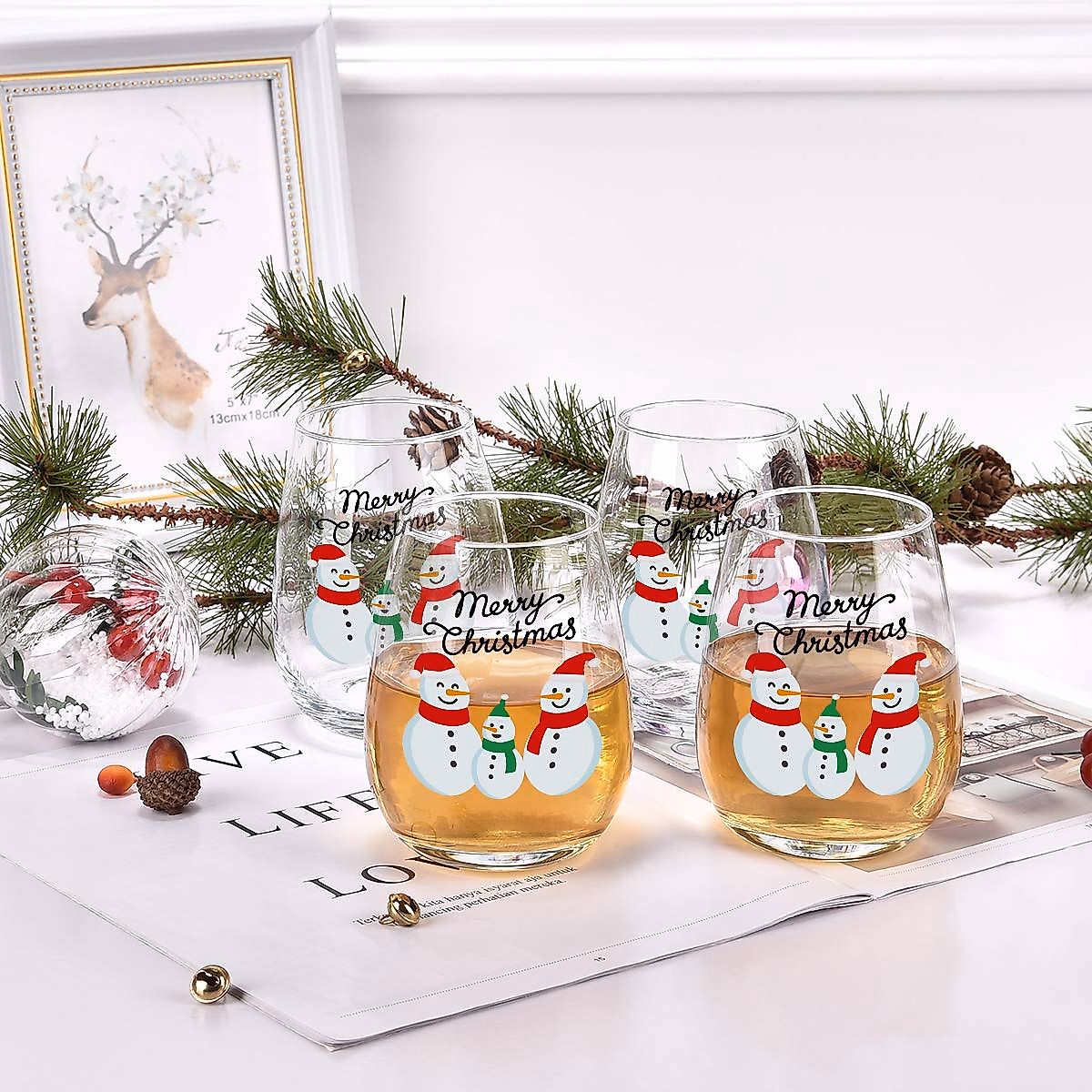 Futtumy Christmas Gift, Merry Christmas Snowmen Stemless Wine Glass for Men Women Dad Mom Friend Family, Funny 15oz Snowman Wine Glass for Christmas, Set of 4