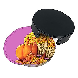 Pumpkins Sunflowers Printed Coasters for Drinks Set of 6 Leather Coasters Spill Protection Cup Mat for Drinks for Home Office Coffee Bar Table