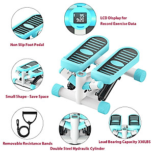 Kweetle Steppers for Exercise, Mini Stair Stepper with Resistance Bands & Mat, Stepper Machine 330lbs Bearing Capacity with LCD Display for Home Office Workout Training, Blue