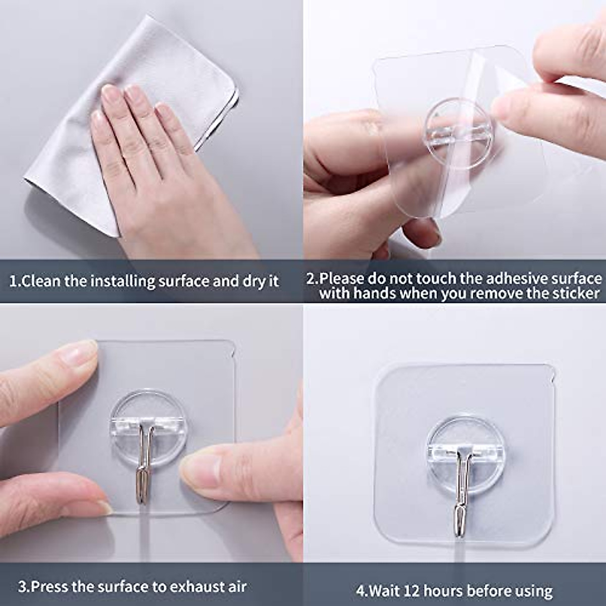 FOWOKAW Adhesive Hooks.Heavy Duty Self Wall Hooks15lb(Max),Waterproof and Oilproof Transparent hooks11 Pack