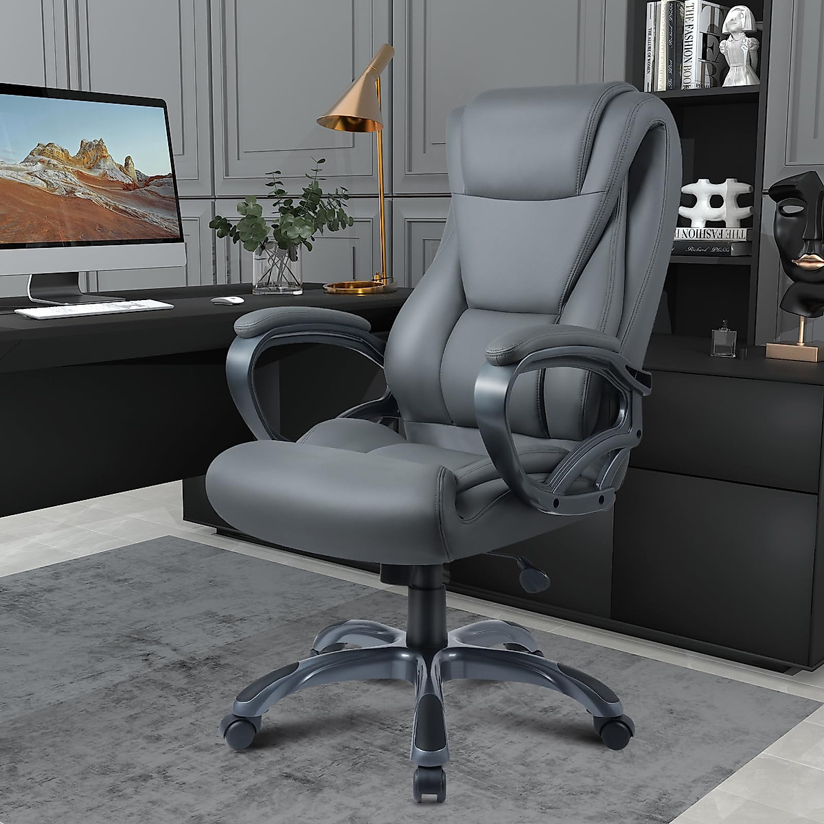 Soontrans Executive Office Chair 400lbs Big and Tall Office Chair for Heavy People Wide Seat Leather Desk Chair Adjustable Rocking Computer Chair Ergonomic Office Chair（Grey）