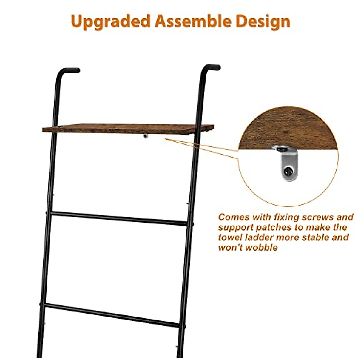 Blanket Ladder Wall Leaning Blanket Rack Farmhouse 5-Tier Metal Blanket Holder with Shelf Bath Towel Storage for Bathroom Quilt Bedroom Living Room Pool Black