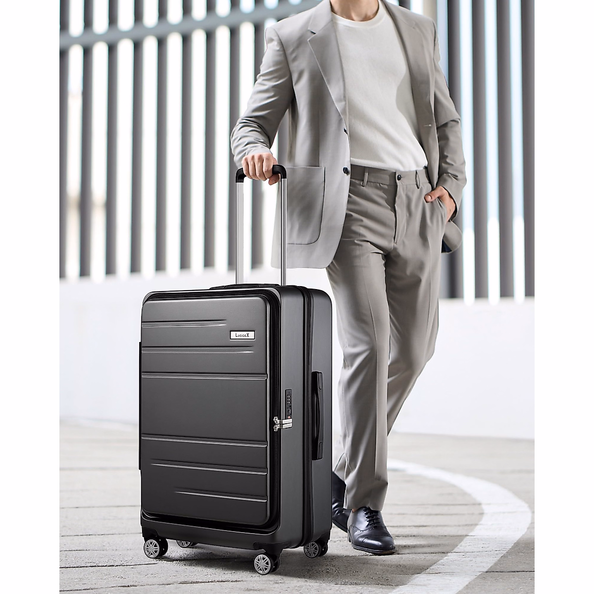 LUGGEX 26 Inch Luggage with Spinner Wheels, Expandable PC Hard Shell Checked Suitcase with Front Opening, Lightweight (Black, 26 Inch)