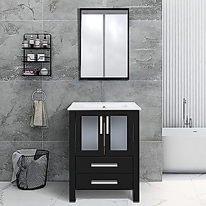LUCKWIND 24" Modern Bathroom Vanity with Sink Combo, Black MDF Bathroom Storage Cabinet with Overflow 3-Hole Drop in Ceramic Vessel Sink Top & Mirror, Excluding Faucet