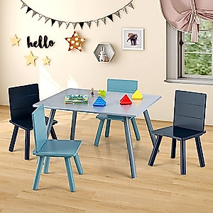 HONEY JOY Kids Table and Chair Set, Pine Wood Toddler Table and 4 Chair Set w/Building Blocks, 5 Pieces Children Furniture Set for Daycare, Classroom, Playroom, Gift for Boys Girls (Blue)