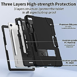 Kezigud Shockproof Kickstand Case for Galaxy Tab S9 11''/S9 FE 10.9'', Heavy Duty Hybrid Rugged Three Layer Soft Silicone+Hard PC with S-Pen Holder Cover for Samsung Tab S9/S9 FE 2023(Black)