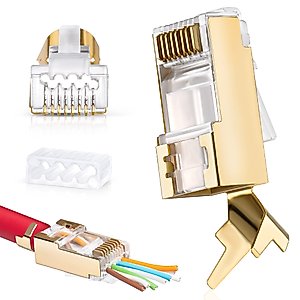 Everest Media Solutions RJ45 Cat7 & Cat6A Pass Through Connectors - 30 Pcs, 50UM Gold Plated Shielded FTP/STP External Ground for 23 AWG Network Cable
