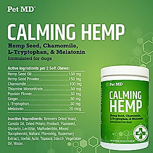 Pet MD Calming Chews for Dogs - Dog Calming Treats with Hemp & Melatonin - Calming, Anxiety Relief, & Separation Relaxant with Chamomile & L-Tryptophan - 120 CT