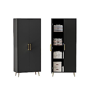 NOVAMAISON 69” Tall Storage Cabinet - Black Storage Cabinet w/ 2 Doors and Adjustable Shelves, Freestanding Kitchen Pantry w/Gold Handles and Legs, Wooden Wardrobe Cabinet for Bedroom, Laundry