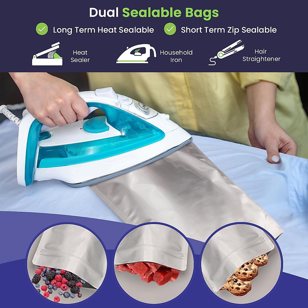 Opalpros 60 pcs Gusseted 14 Mil Mylar Bags for Food Storage with oxygen absorbers - 5 Gallon (10), 1 Gallon (20), Quart (30), with 2500cc, 500cc & 300cc OA Resealable Mylar Bags + Colorful labels