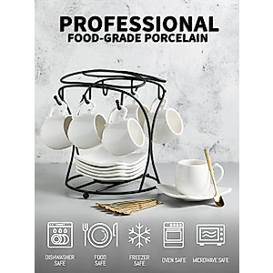 LYEOBOH Espresso Cups with Saucers Set, Porcelain Coffee Cups and Metal Stand and Spoons, Small Demitasse Cups for Espresso, Latte, Cafe Mocha, Cappuccino, and Tea, 3 OZ, Set of 6, White