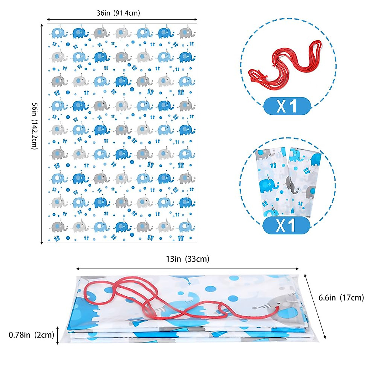 HANSWARE Extra Large Gift Bag for Presents,Shower Gift Bags for Boys, Jumbo Baby Gift Bag for Wedding Wrapping,Birthday, Party,Giant Huge Gifts- 56" x 36" (Blue Elephant, 1 Count)