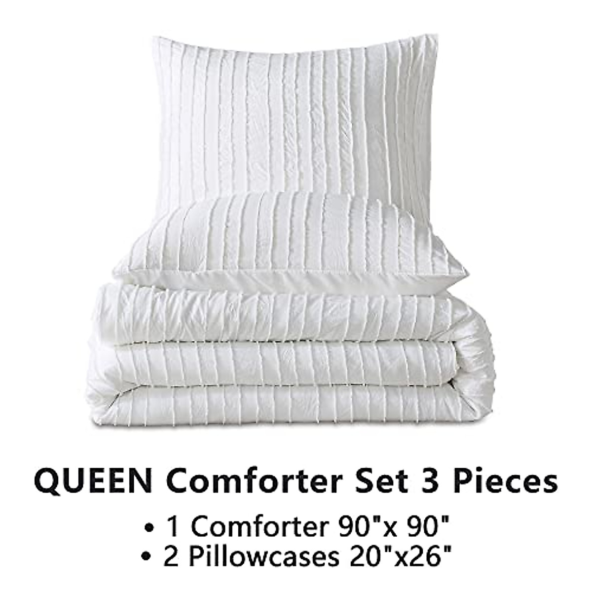 Andency White Queen Size Comforter Set, 3 Pieces Boho Tufted Striped Bedding Comforter Set for Queen Bed, All Season Lightweight Soft Fluffy Microfiber Bed Set