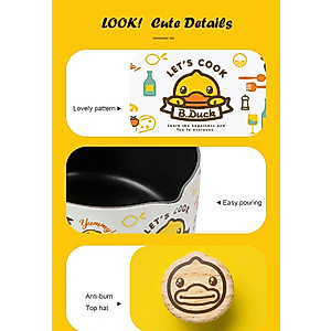 Cooker King x B. Duck 6 inch Milk Pot with Lid, Non-Stick Sauce Pan, Yellow Duck Pattern Small Cookware with Wood Handle-Yellow & White