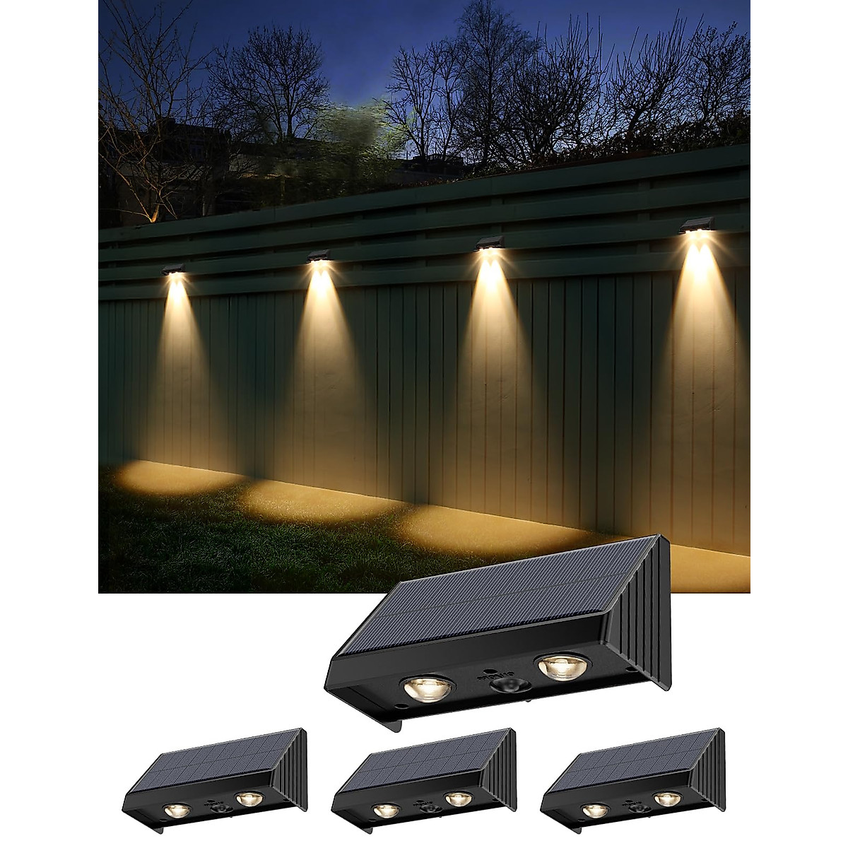 Solar Powered Fence Lights Outdoor Wall Mount LED Decorative Waterproof Yard Lamps for Outside Stair, Rail, Deck, Backyard, House Patio, Pool, Design for Long-Lasting Dusk to Dawn, Warm White 4 Pack