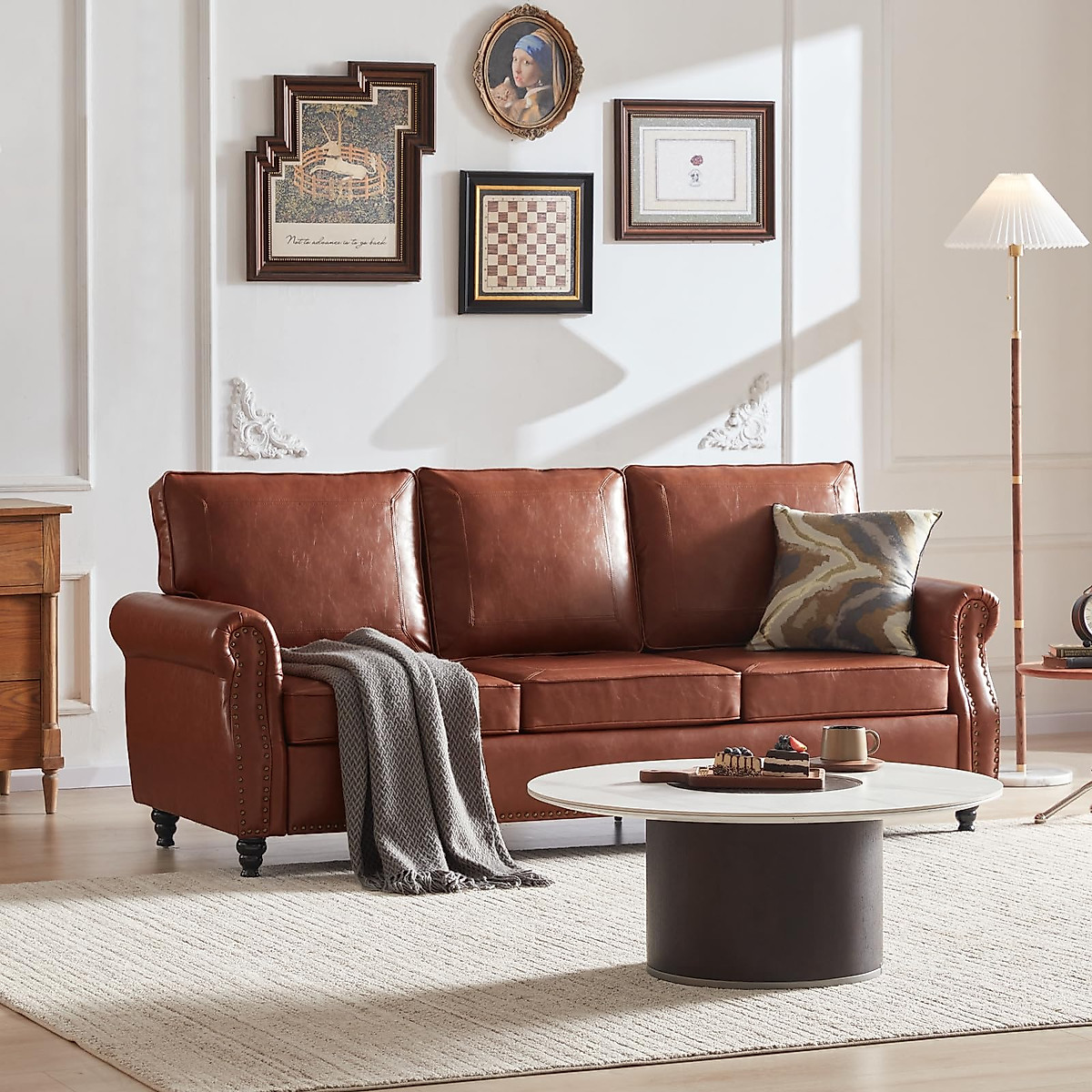 WILLOVE 79'' Faux Leather Sofa, Classic 3 Seater Leather Couch with Rolled Arm and Nailhead Trim, Mid-Century Modern Couch for Living Room, Apartment, Easy to Install, Tan Brown