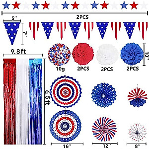 4th of July Party Decorations, Star Streamer, Independence Day American Flag Hanging Paper Fans, Foil Fringe Curtain, Pompoms Flowers Balloons for Patriotic Party Decorations Set
