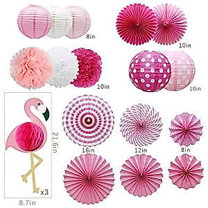Meiduo Tropical Flamingo Party Honeycomb Decoration, Hawaiian Summer Party Supplies for Adults Kids Birthday Bridal Shower with Flamingo Paper Fans Pom Poms Flowers Paper Lanterns (Pink)