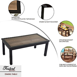 Festival Depot Patio Coffee Table Metal Table with Wood Grain Top Outdoor Furniture for Porch Garden (Rectangle)