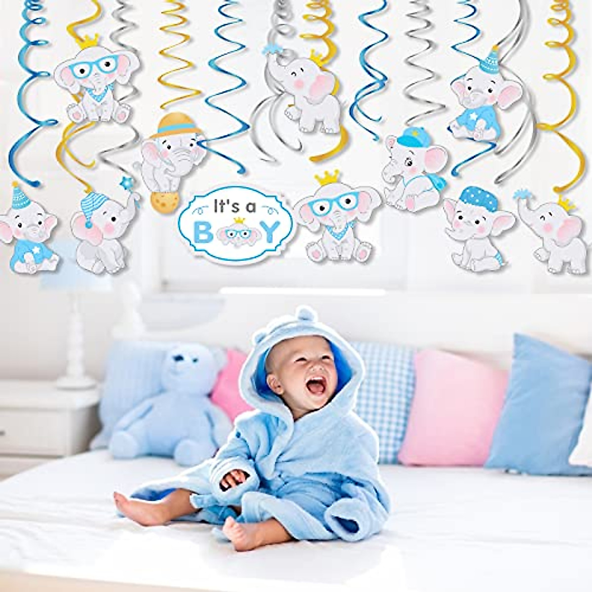 Kristin Paradise 30Ct Blue Elephant Baby Shower Hanging Swirl Decorations, Little Peanut Party Supplies, Boy Birthday Theme Decor, Bday 1st Favors Idea