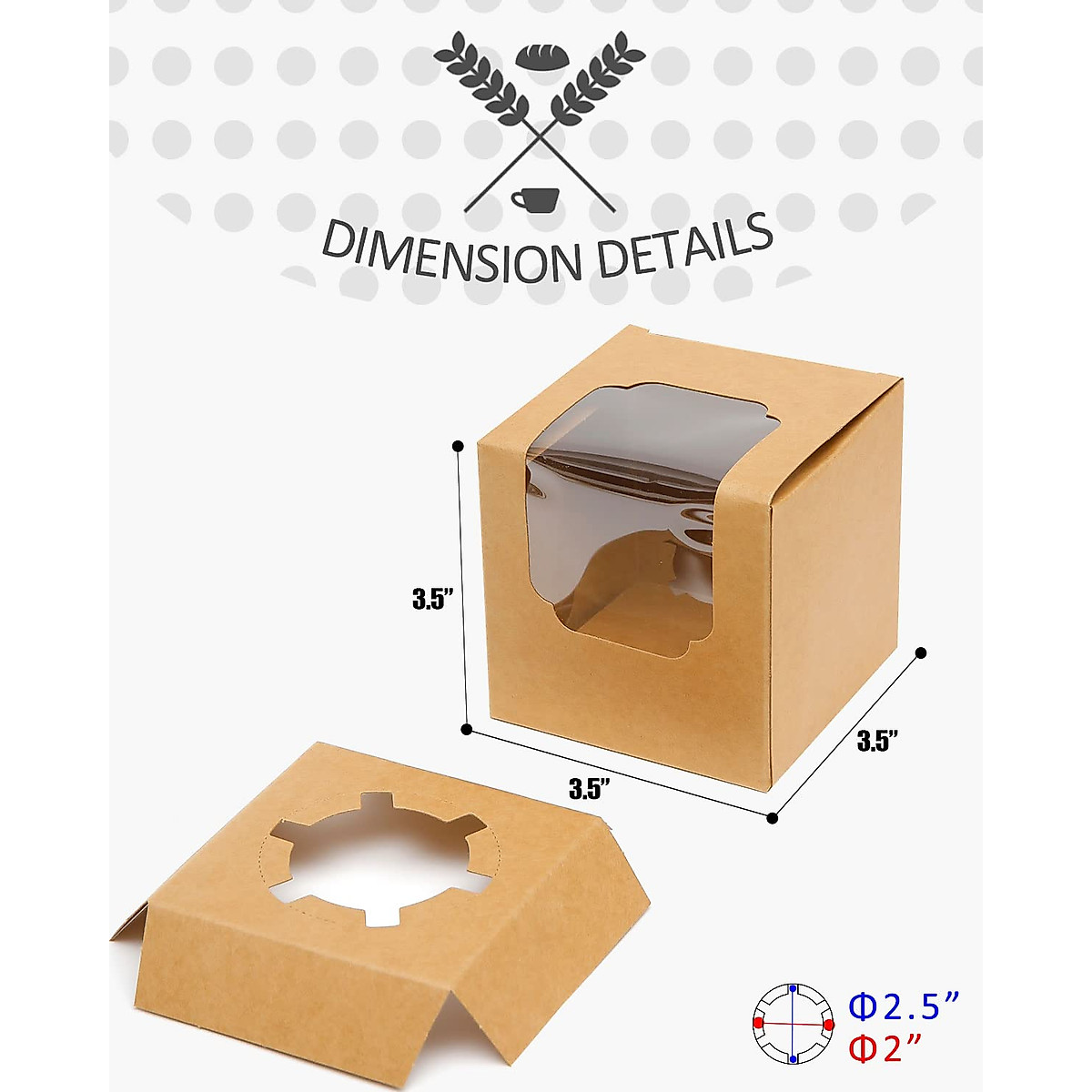 qiqee Auto-pop up Cupcake Boxes 100-Packs Individual Cupcake Container Brown Kraft 3.5" x 3.5" x 3.5" Single Cupcake Boxes