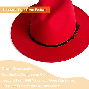 Gossifan Women Two Tone Wide Brim Fedora Felt Panama Hats Classic Belt Buckle Red/Leopard