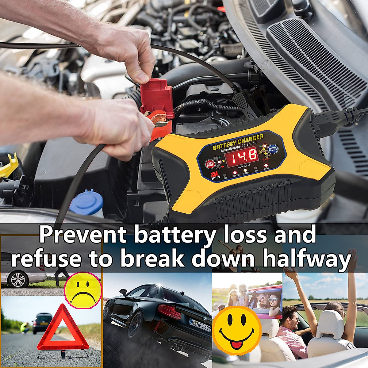 Car Battery Charger 12V/15A Automotive Battery Charger Maintainer Trickle Charger for Car Truck Motorcycle Lawn Mower Boat Marine RV SUV ATV SLA Wet AGM Gel Cell Lead Acid Battery Red