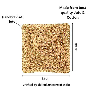 JASMEY HOMES Reversible Set of 4, Square Natural Jute Mat for Dining Table | Hot Mats | Heat Resistant Mats for Dining Table, Non-Slip Woven Handmade Placemats (Standard Beige)