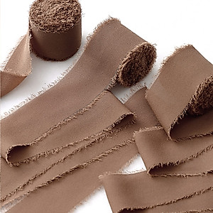 JEDIA Chiffon Ribbon, 3 Rolls Brown Handmade Fringe Chiffon Silk Ribbons, 1.5" x 7Yd Ribbon Set for Gift Wrapping, Wedding Invitations, Bouquet Wrap, Bridal Bouquets, DIY Crafts