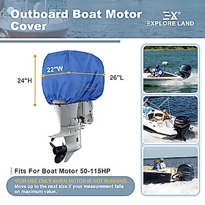 Explore Land Outboard Motor Cover - Waterproof 600D Heavy Duty Boat Engine Hood Covers - Fit for Motor 50-115 HP, Blue