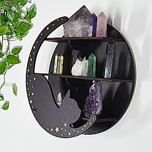 Tzou Wooden Crescent Crystal Display Shelf,Moon Shaped Floating Wall Shelf,Wall Mounted Jewelry Essential Oil Storage Rack,Crystal Holder Wall Decor Shelves for Bedroom Living Room MZ249A