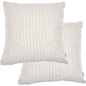 JES&MEDIS Pack of 2 Pillowcase Cotton Striped Home Decor Square Throw Pillow Covers Set for Office Bed Car Club 18 x 18 Inches 45 x 45 cm Beige and White