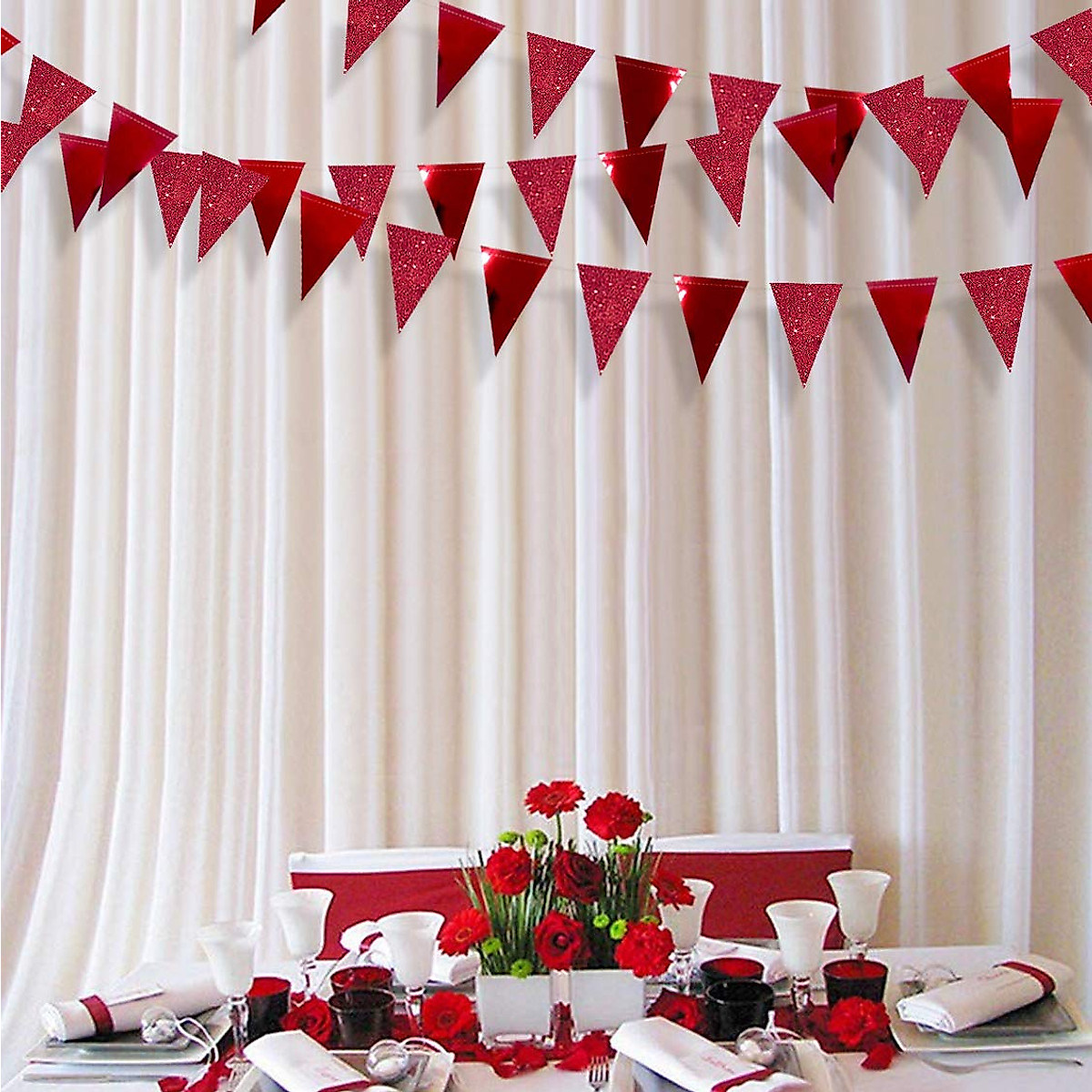 30 Ft Red Party Decorations Double Sided Glitter Metallic Paper Triangle Banner Flag Pennant Bunting for Wedding Engagement Graduation Anniversary Bachelorette Birthday Bridal Shower Party Supplies