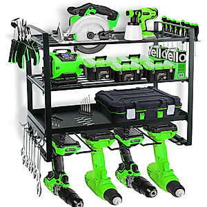 Power Tool Organizer Wall Mount, 4-Layer Heavy-Duty Tool Storage Shelf,4 Drill Holder Wall Mount, Cordless Tool Organizer with Screwdriver, Plier, and Hammer Holders for Garage Workshop（1 Pack）