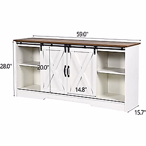 4ever2buy Farmhouse Coffee Bar Cabinet with Storage, 59’’ Kitchen Buffet Storage Cabinet with Sliding Barn Door, White Buffet Table with Adjustable Shelf, Coffee Bar Table for Living Dining Room