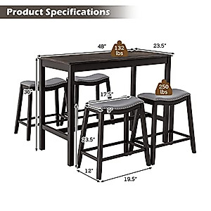 Giantex Dining Table Set for 4, Kitchen Counter Height Table w/ 4 Stools, 5 Piece Bistro Table Set, Rubber Wood Pub Dinette Set w/Upholstered Stools, Space-Saving Table Set for Small Spaces (Black)